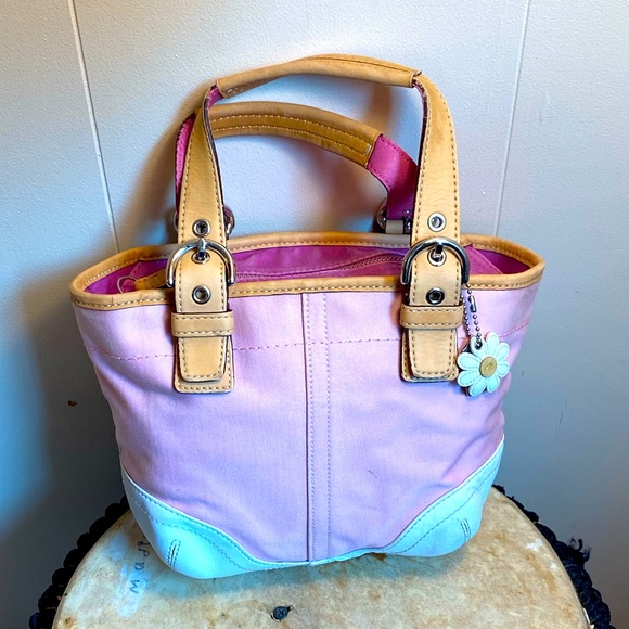 Coach | Bags | Coach Soho Hampton Mini Tote Satchel Pink Fabric White ...